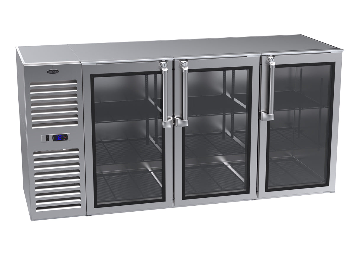 Krowne | 72" Wide Narrow 3 Glass Door Self Contained Stainless Steel R